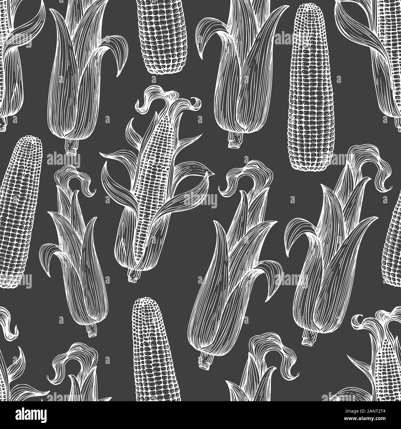 Vector seamless pattern with corn on the cob with leaves. Retro ...