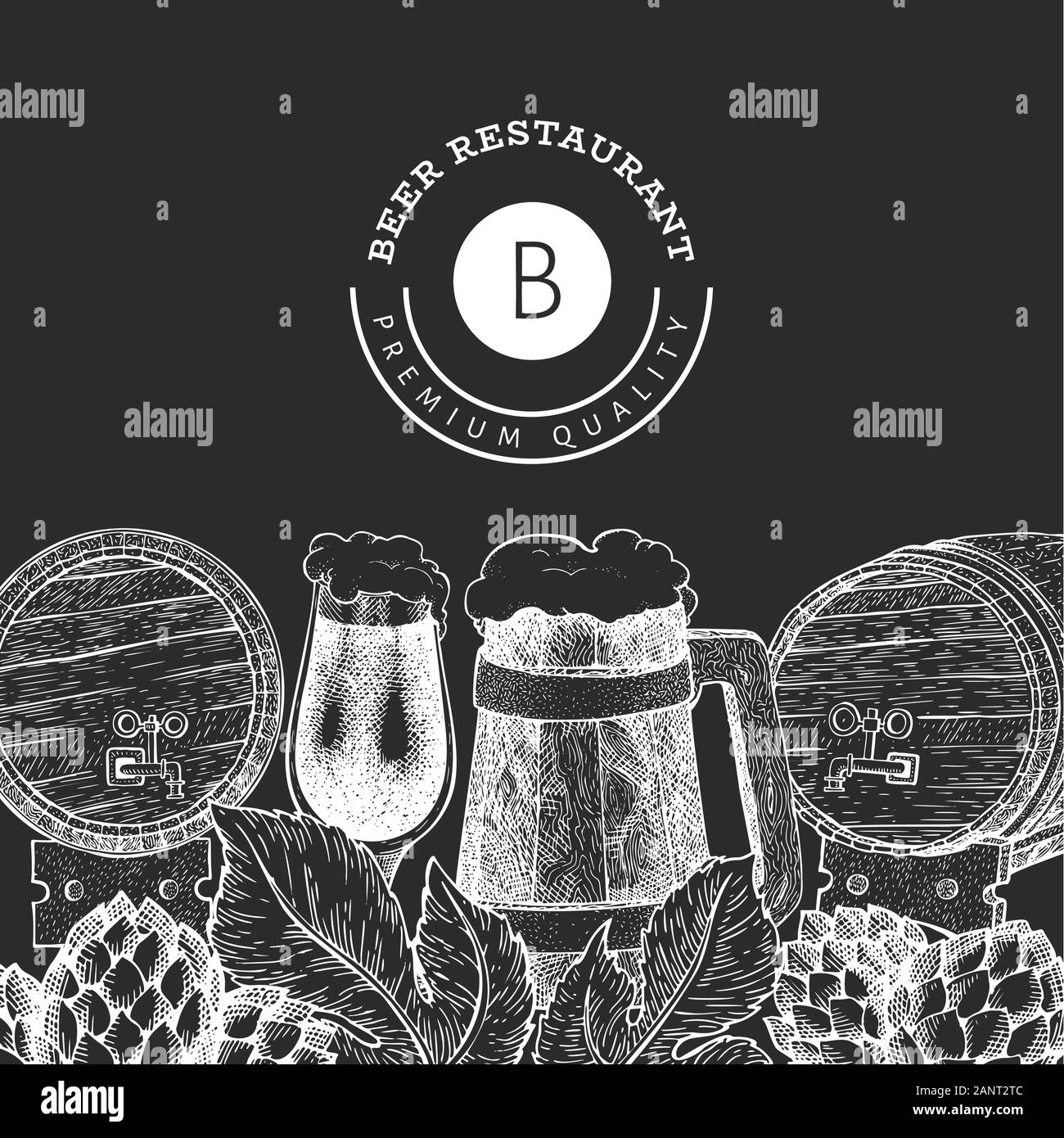 Beer glass mug and hop design template. Hand drawn vector pub beverage ...