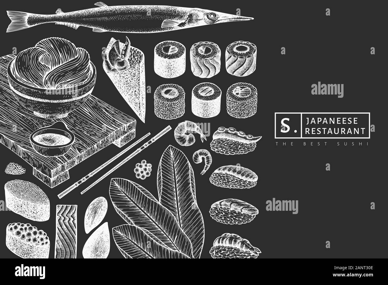 Japanese cuisine design template. Sushi hand drawn vector illustration ...