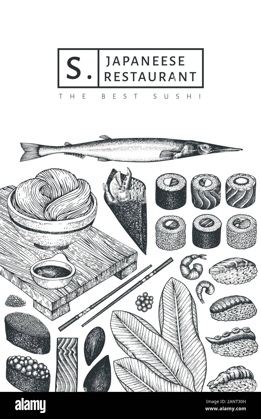 Japanese cuisine design template. Sushi hand drawn vector illustrations ...