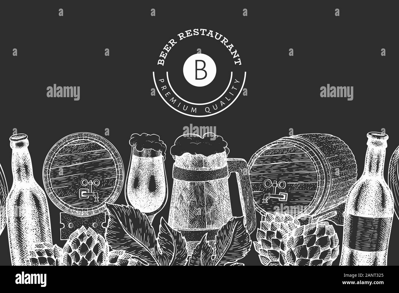 Beer glass mug and hop design template. Hand drawn vector pub beverage ...