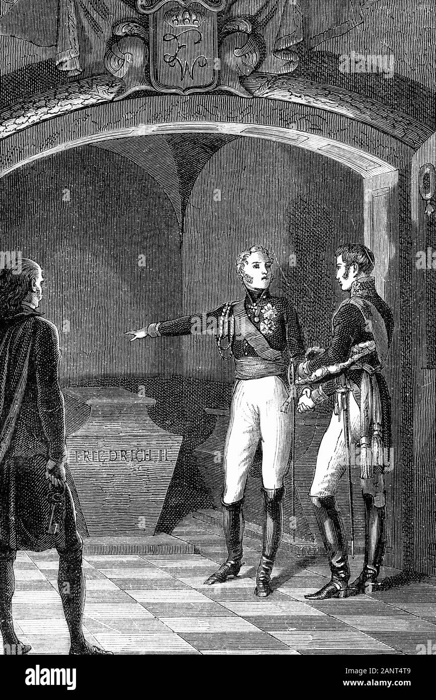Emperor Alexander I of Russia and the King of Prussia in front the tomb ...