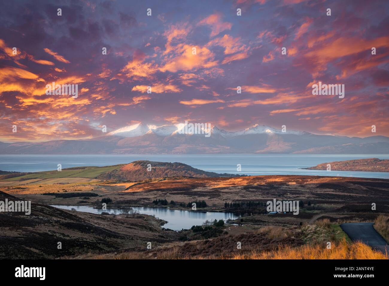 The Arran Hills early morning in winter snow capped on a bitterly cold ...