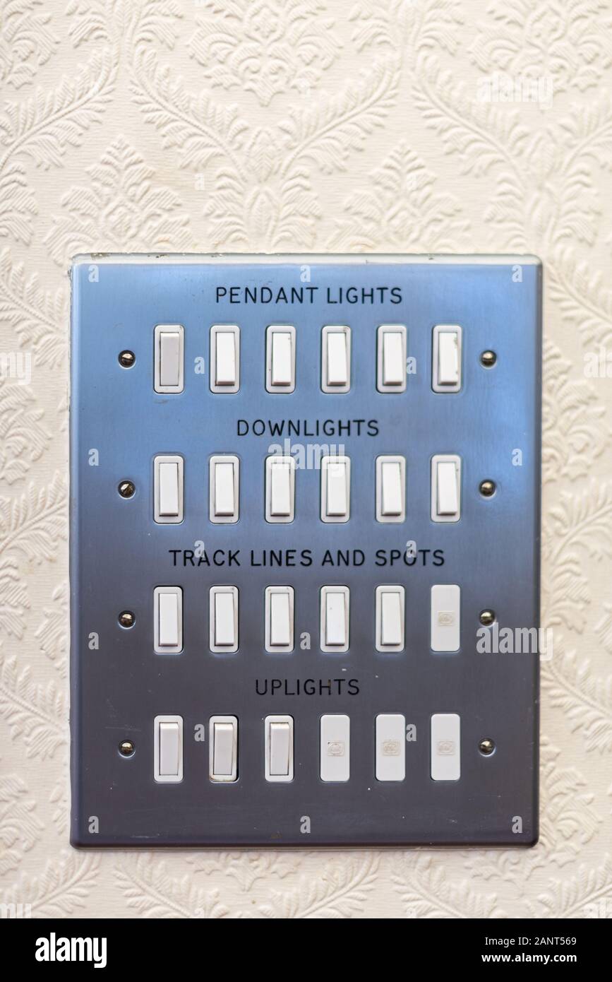 Many light switches on the wall concert hall estate control room board ...