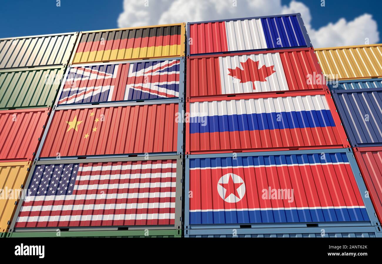 Container Terminal - Freight container with different national flag ...