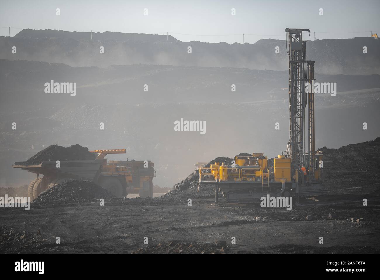 Open mine coal and minerals from bowels soil explosion. Drilling rigs ...