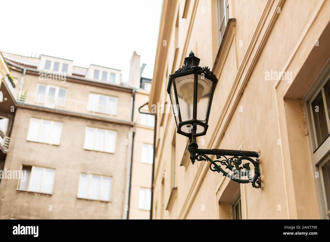 The architecture of the old city of Prague. Retro gothic street lamp ...