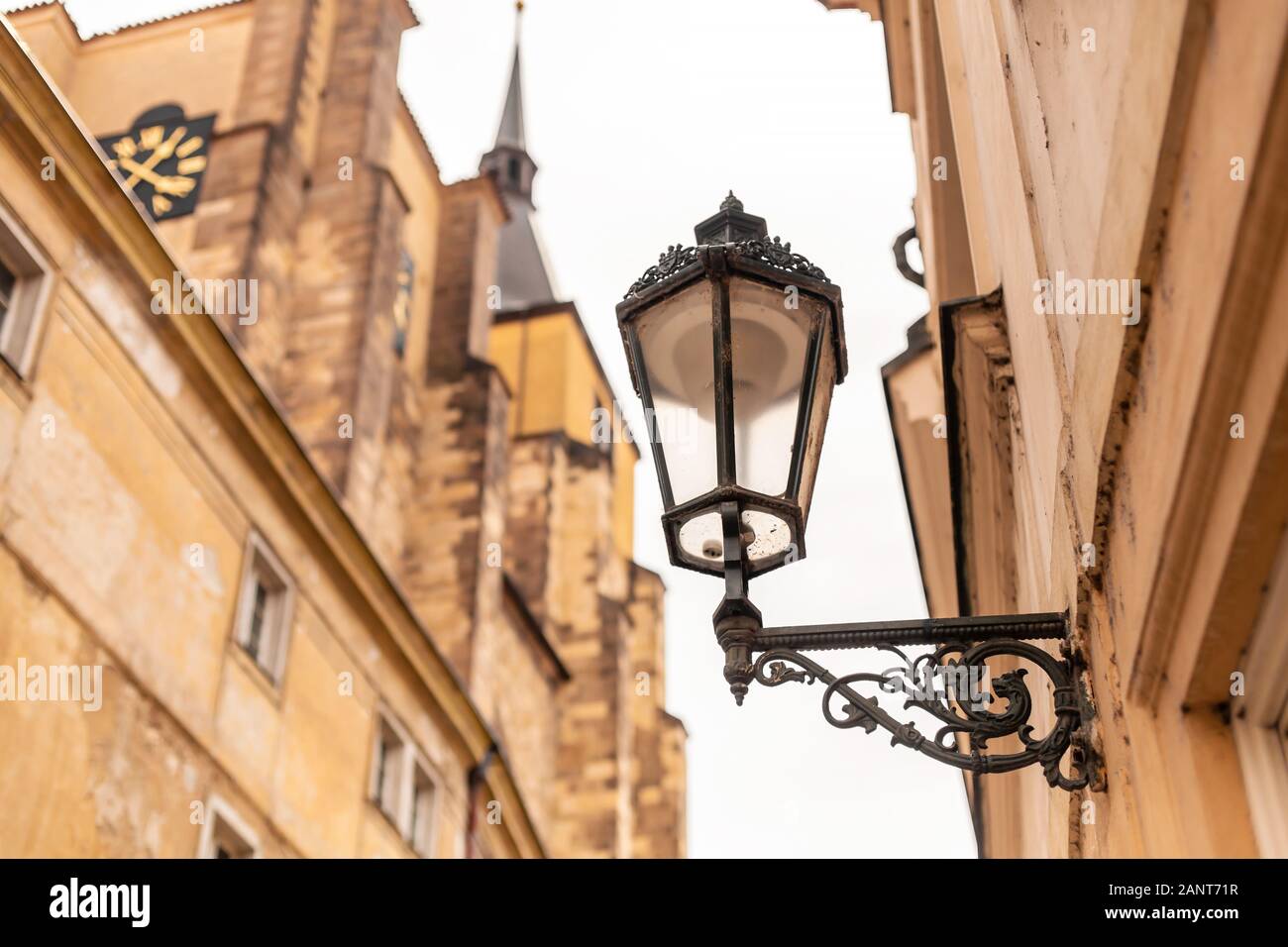 The architecture of the old city of Prague. Retro gothic street lamp ...