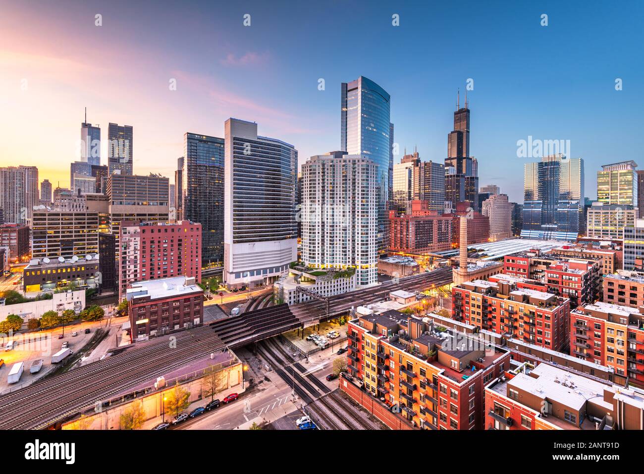 Chicago, Illinois, USA downtown cityscape and tracks at dusk Stock ...