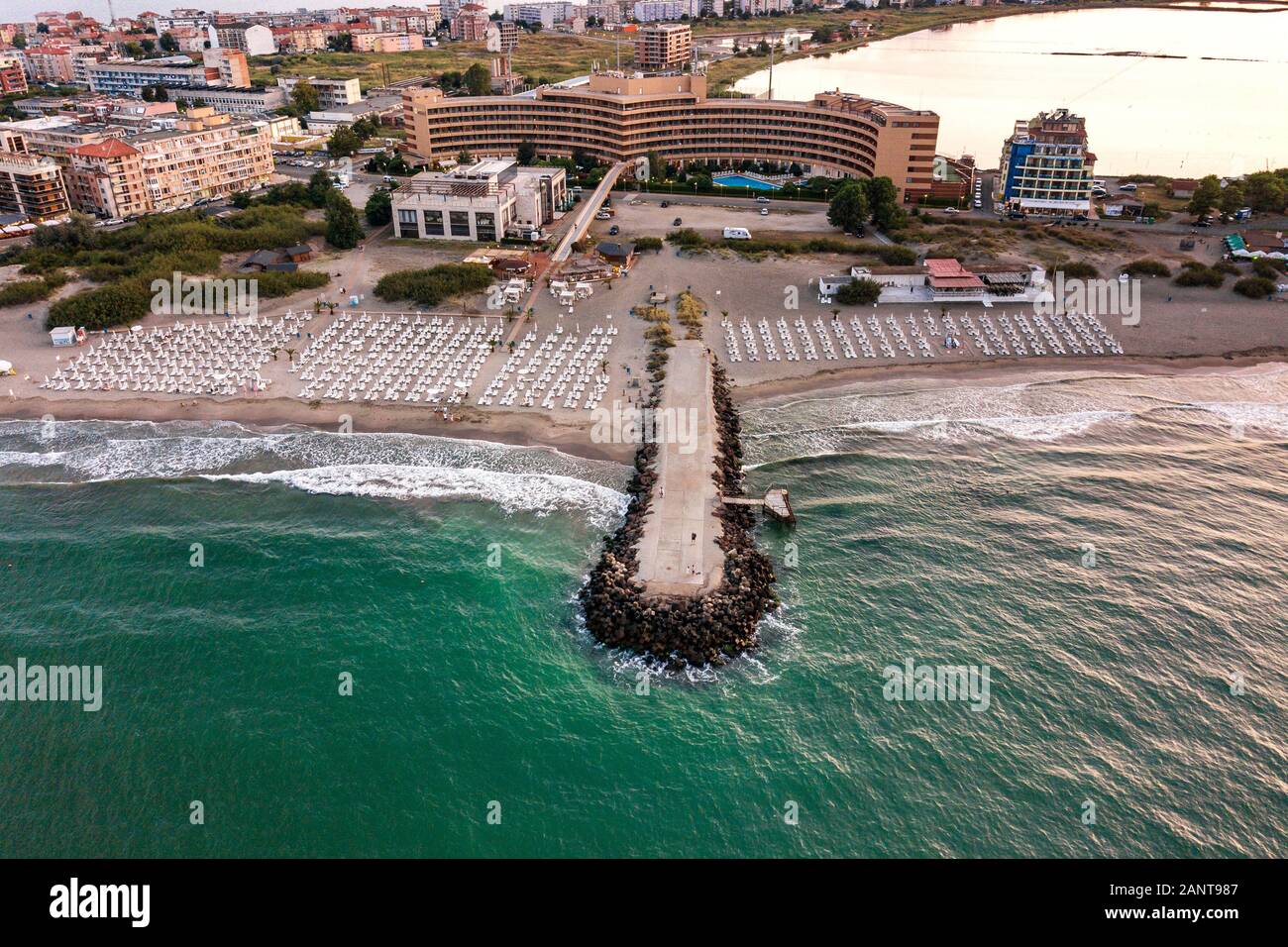 Aerial view of Pomorie city that is located on Black Sea shore. Top ...