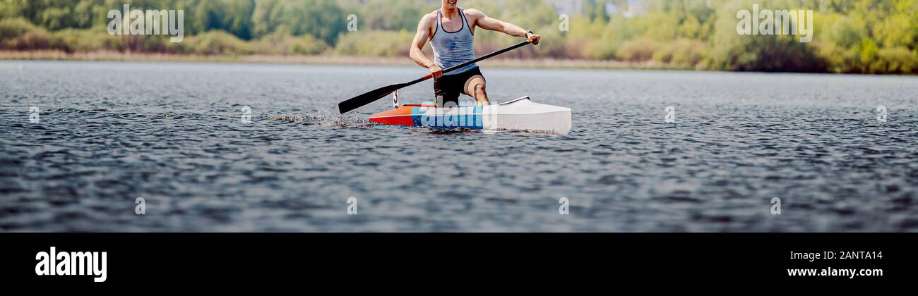 panorama athlete canoeist rowing in canoe competition race Stock Photo ...