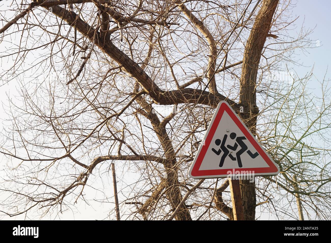 road sign caution children among dry trees Stock Photo - Alamy