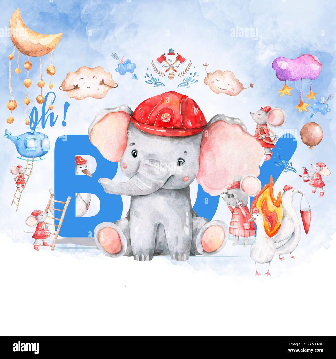 Cute baby elephant with foxes little Firefighters Watercolor hand drawn ...