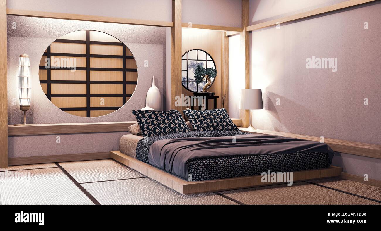 Circle window japanese wall design on bedroom japanese style.3D ...