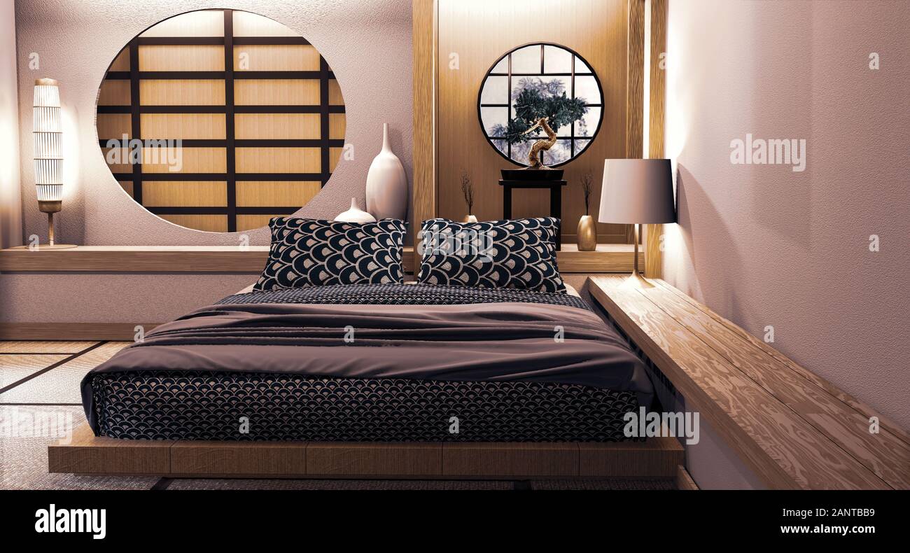 Circle window japanese wall design on bedroom japanese style.3D ...