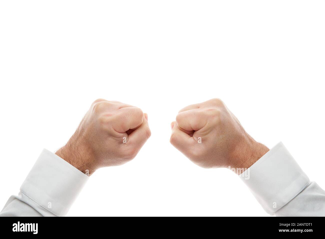 Man hands, knuckle gesture, isolated on white background. White shirt ...