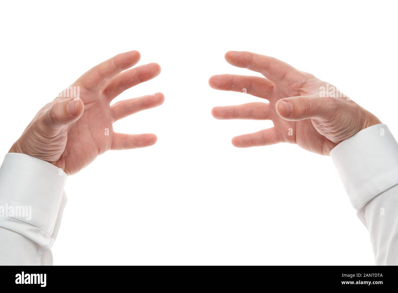 Man hands, grab gesture isolated on white background. White shirt ...