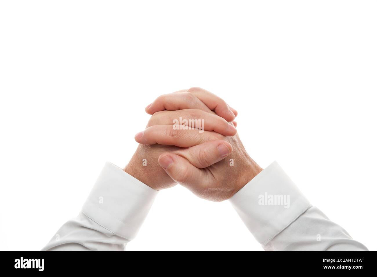 Man hands, thinking gesture, isolated on white background. White shirt ...