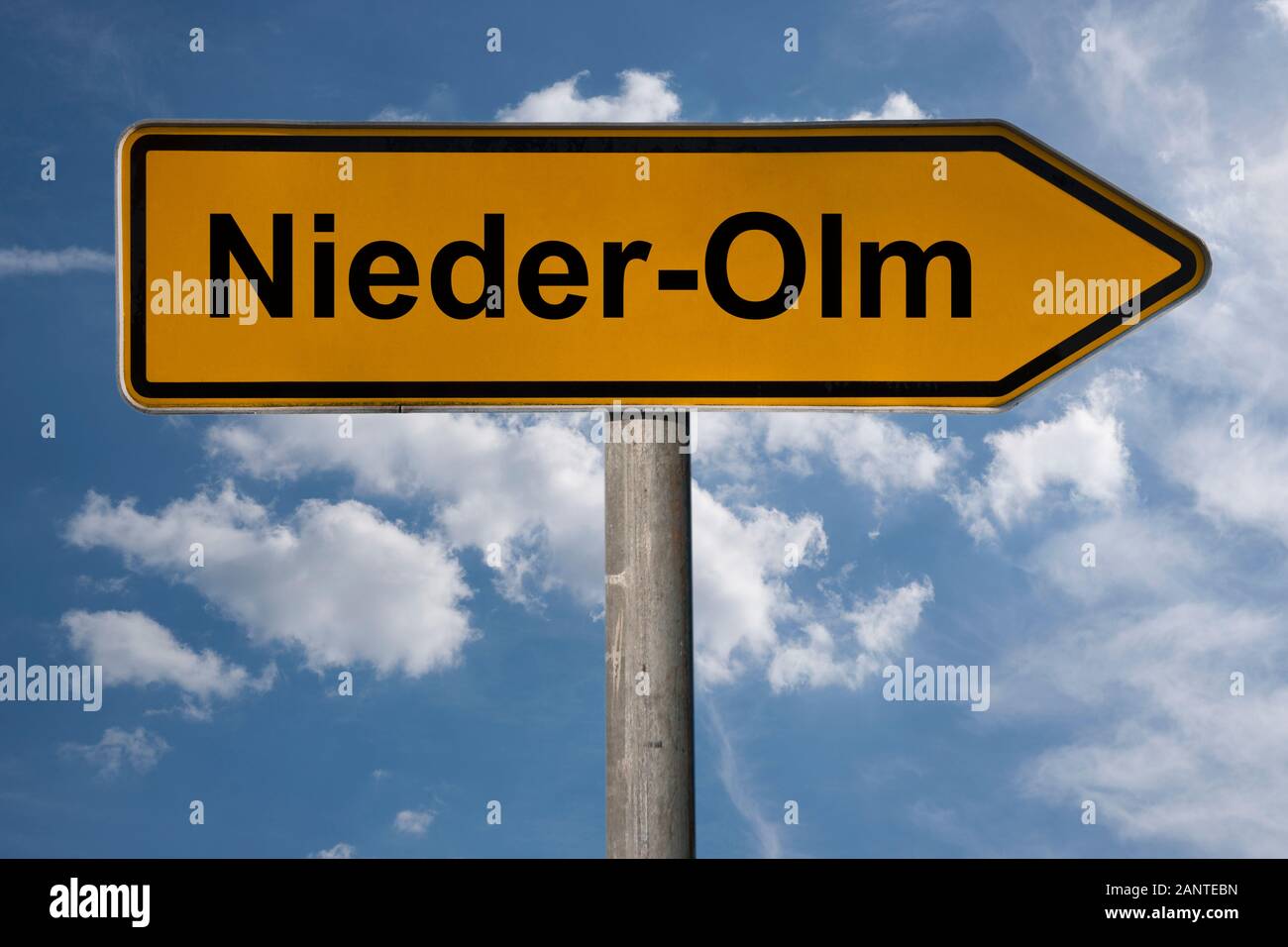 Detail photo of a signpost with the inscription Nieder-Olm, Rhineland ...