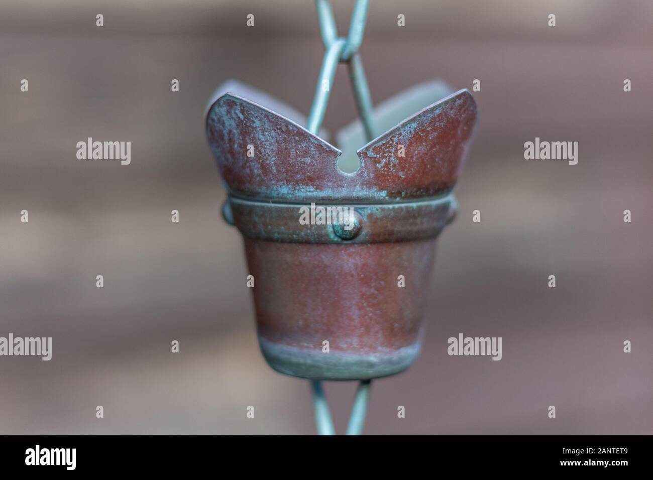 Ornamental cast metal water cup on a traditional Japanese rain chain ...