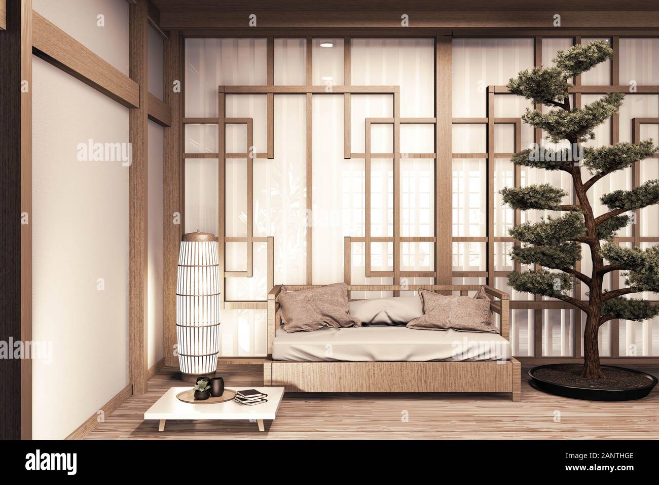 Chinese style Room wooden interior with wooden floor on wall paper and ...