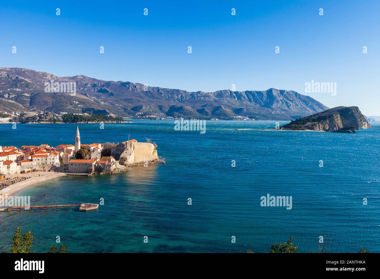 Budva old town, Sveti Nikola Island, Montenegro, 30 December 2019 Stock ...