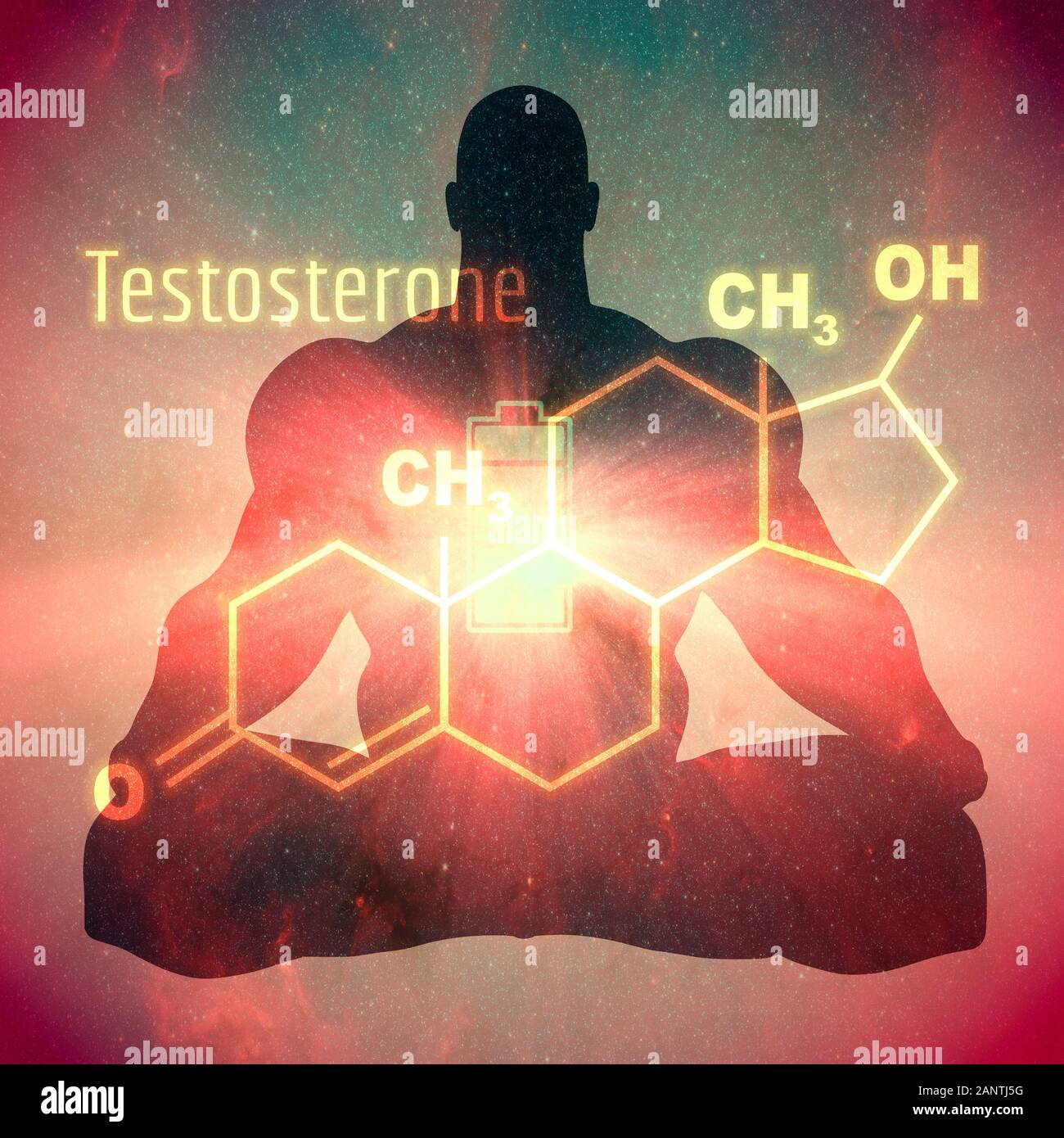 Muscular man sit in meditation pose. Chemical molecular formula hormone ...