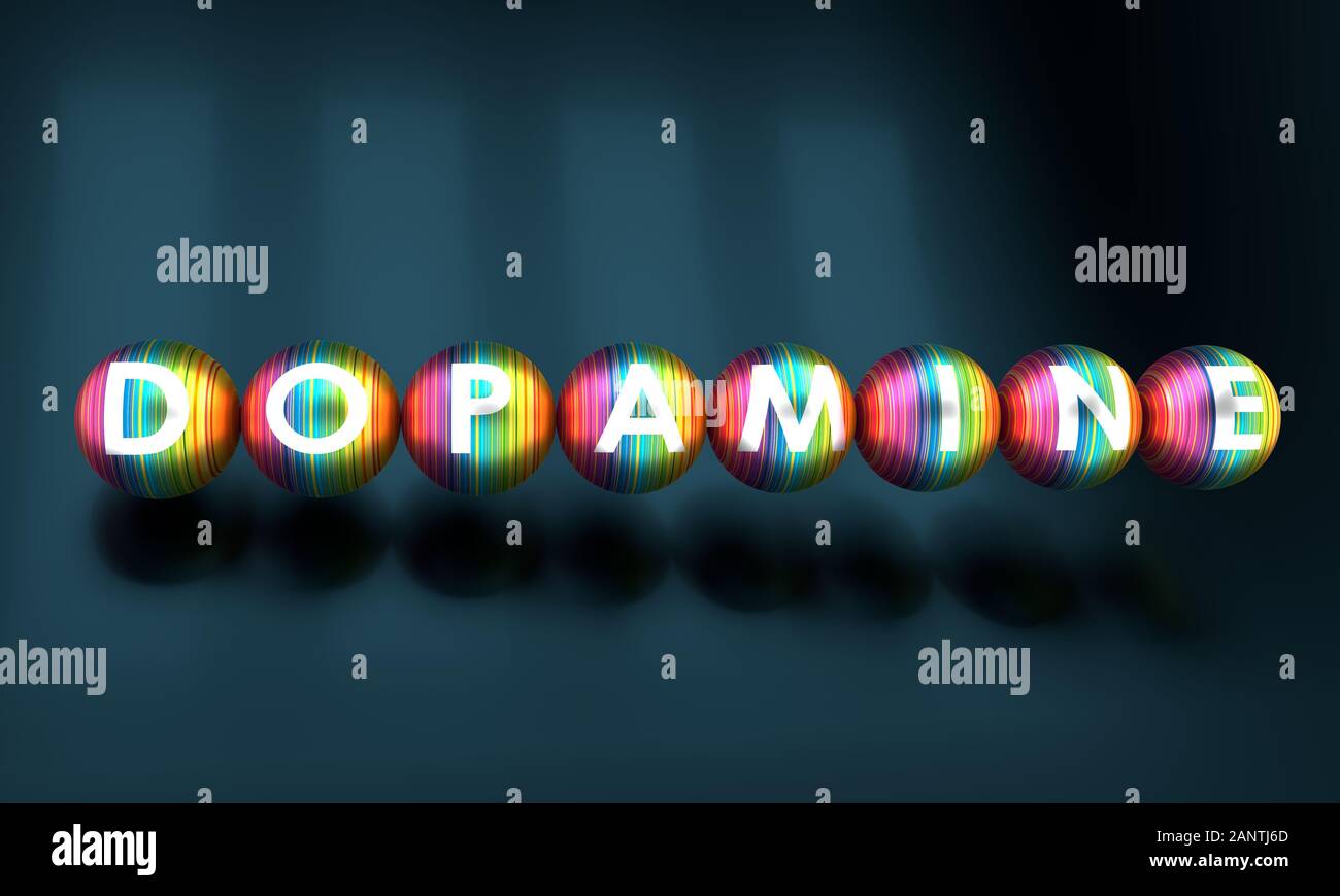 Hormone dopamine text on striped multi color spheres. 3D rendering ...