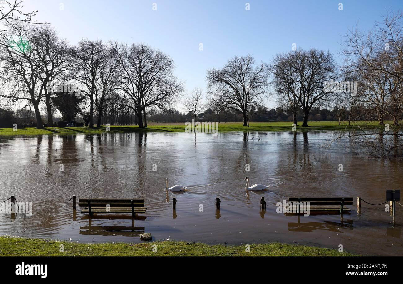 Benches at the towpath in Datchet, Berkshire, which is covered in flood ...