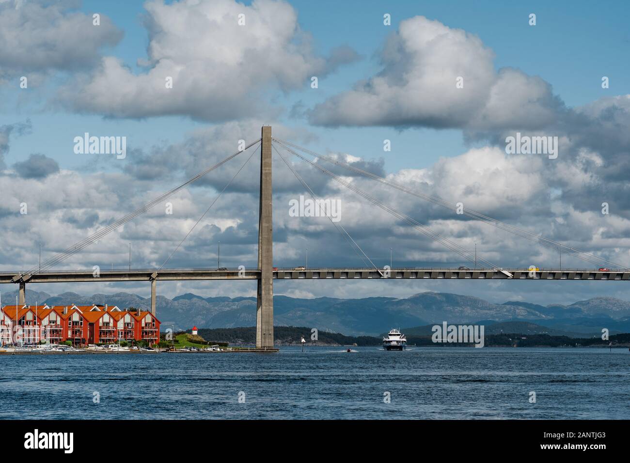 Stavanger City Bridge over Straumsteinsundet with a ship entering the ...
