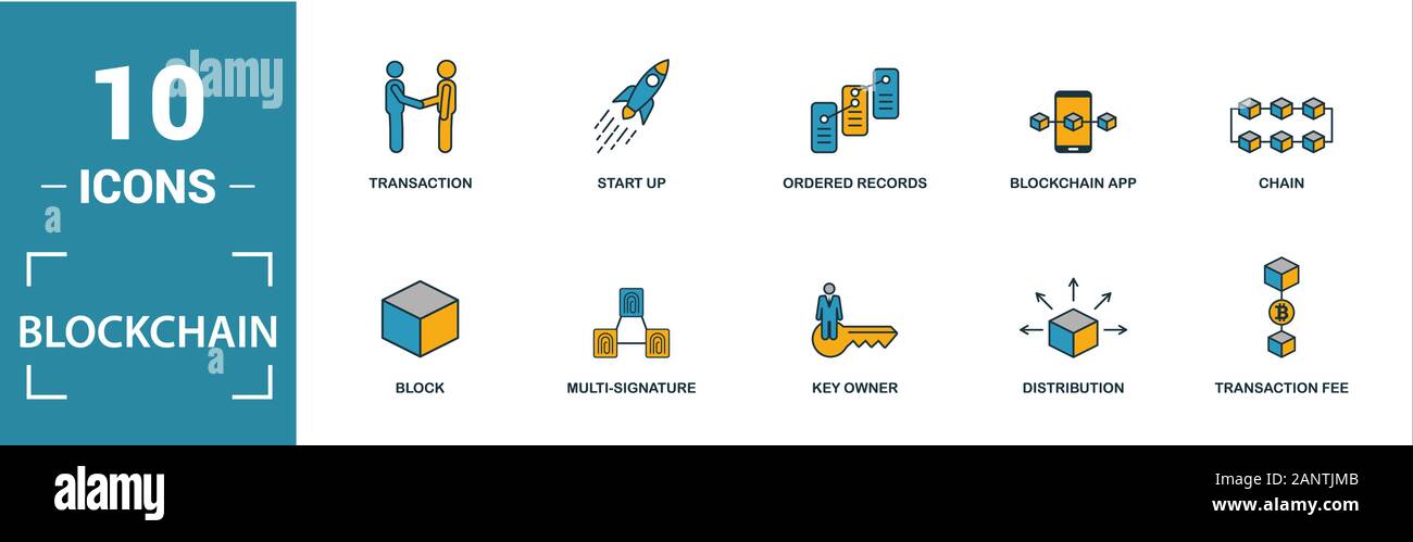 Blockchain icon set. Include creative elements block, distribution ...