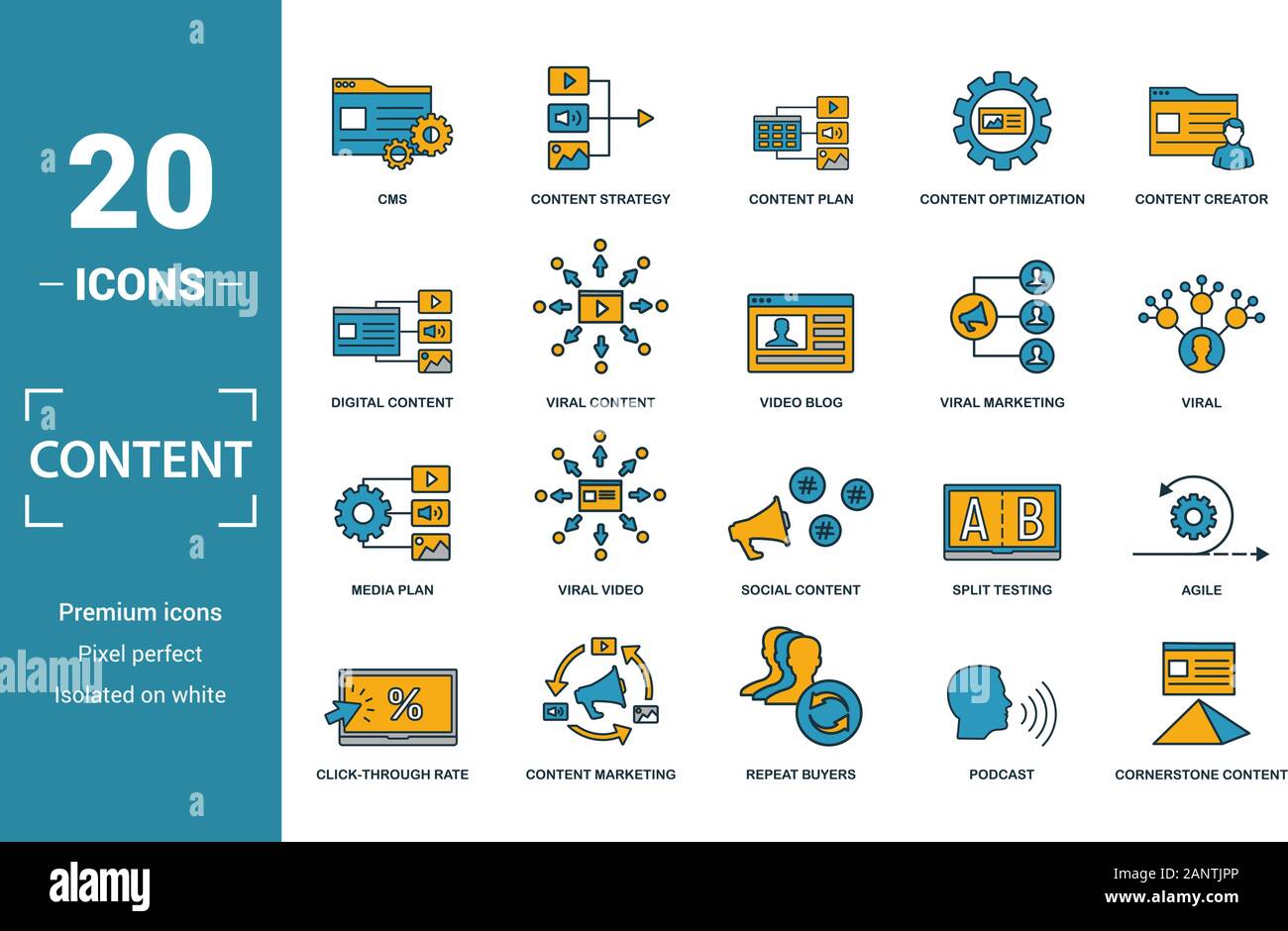 Content icon set. Include creative elements cms, content plan, digital ...