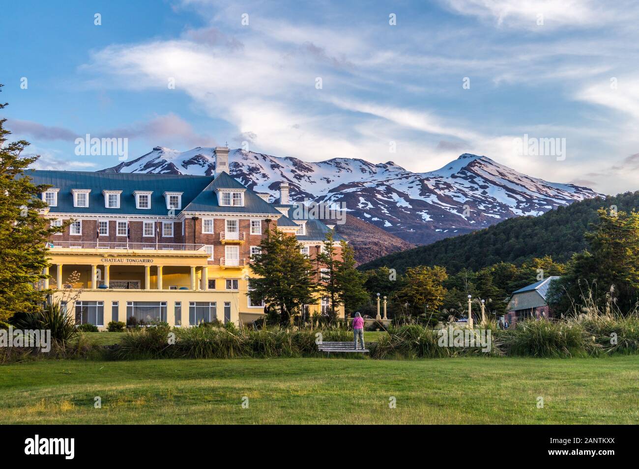 Snow on Mount Ruapehu and Chateau Tongariro Hotel, neo-Georgian style ...