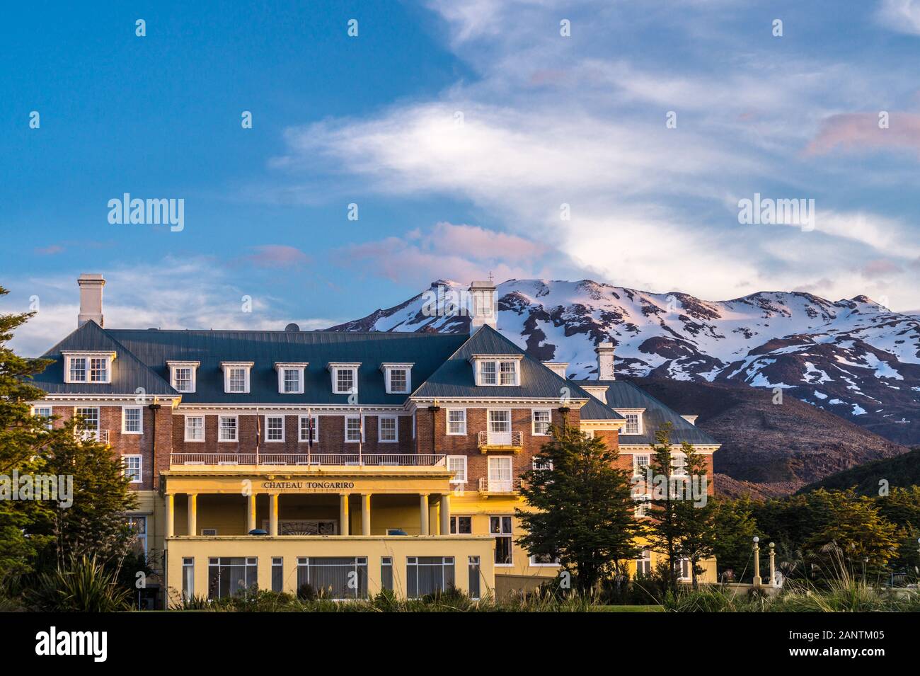 Snow on Mount Ruapehu and Chateau Tongariro Hotel, neo-Georgian style ...