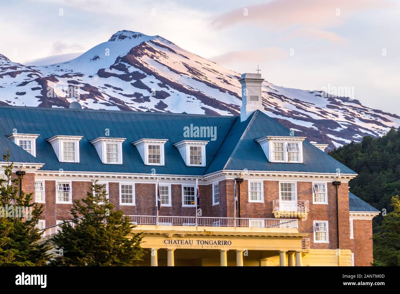 Snow on Mount Ruapehu and Chateau Tongariro Hotel, neo-Georgian style ...