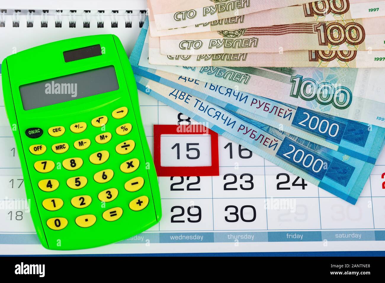 Calendar with a dedicated 15 number, calculator, Russian rubles Stock ...