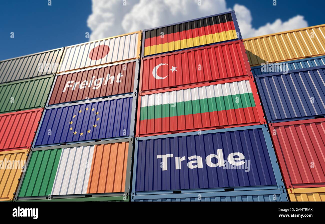 Container Terminal - Freight container with different national flag ...
