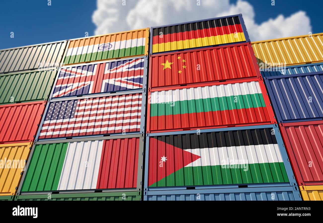 Container Terminal - Freight container with different national flag ...