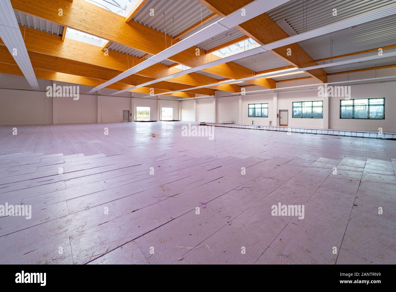 Inside a large factory building, purple insulation panels are laid on ...