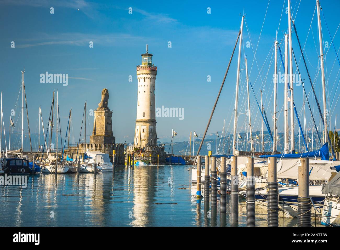 Lindau, Germany, July 2019 - Harbour entrance of Lindau, Lake Constance ...