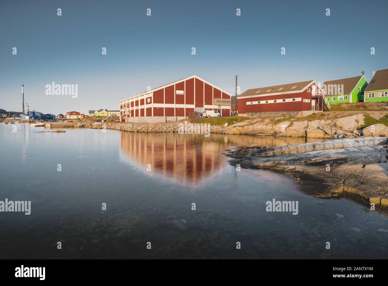 Qeqertarsuaq, Greenland. The jetty at the harbour with bowhead whale ...