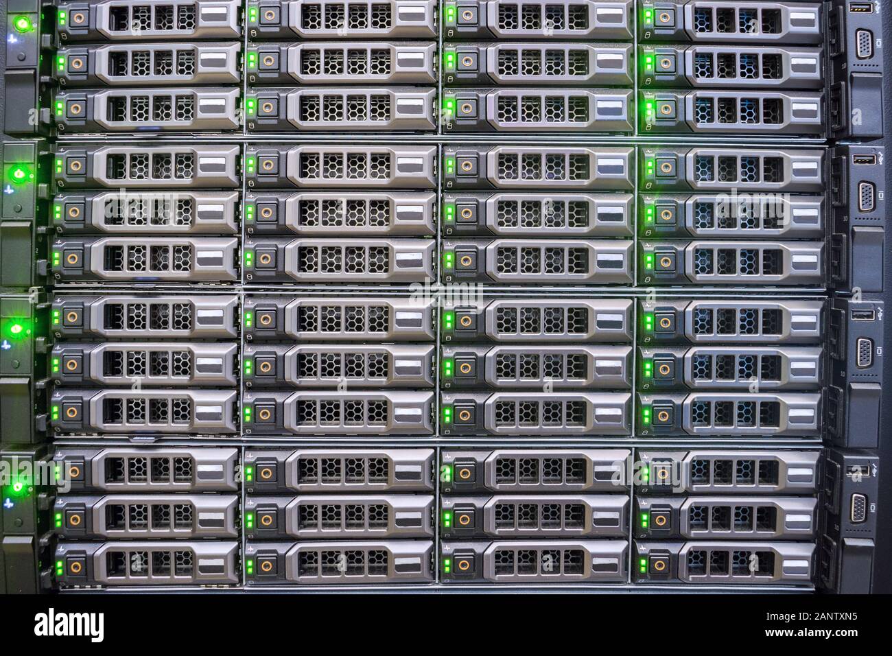 Many hard drives are in a powerful database server. Computer equipment ...