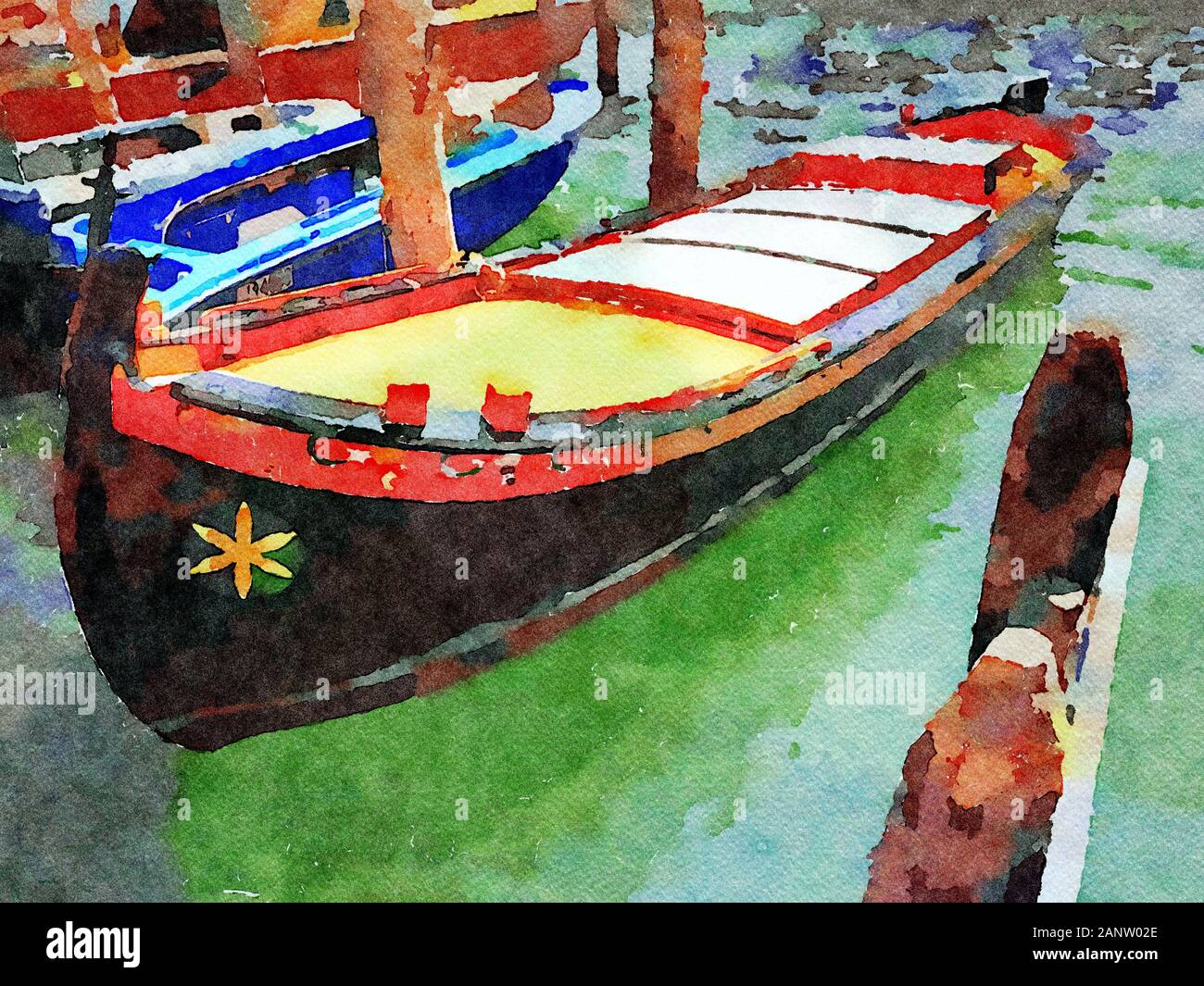 a small colored gondola parked beside one of the canals of Venice Stock ...