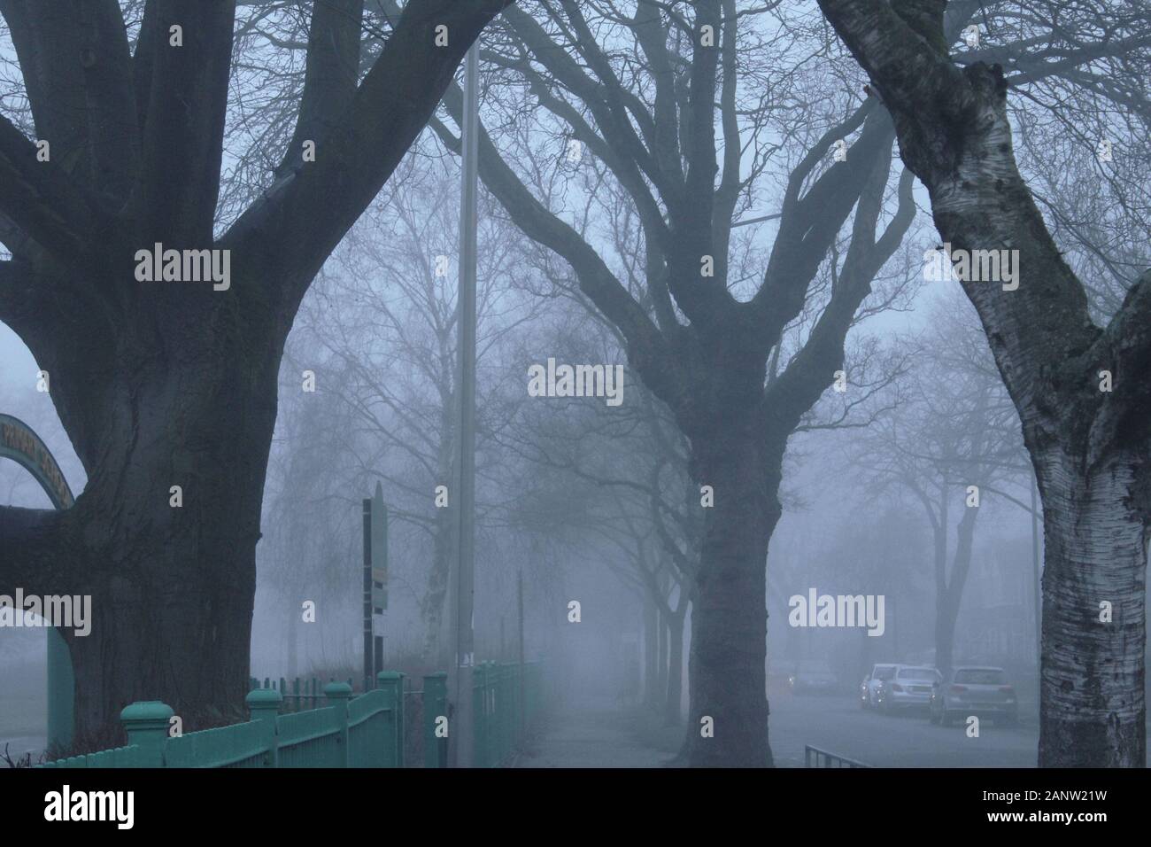 Streets in England turned scary after covered with thick fog Stock ...
