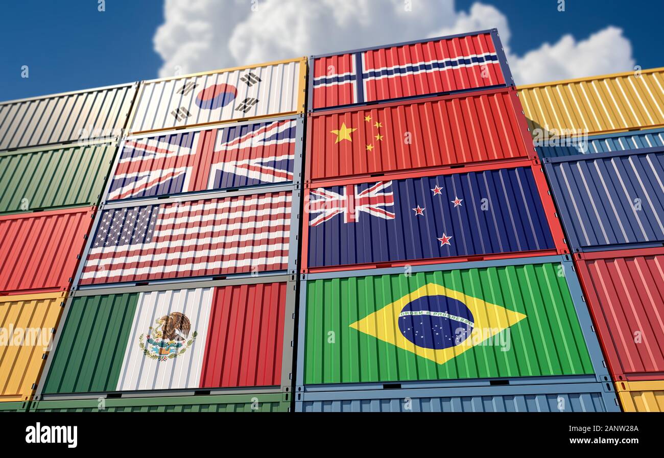 Container Terminal - Freight container with different national flag ...