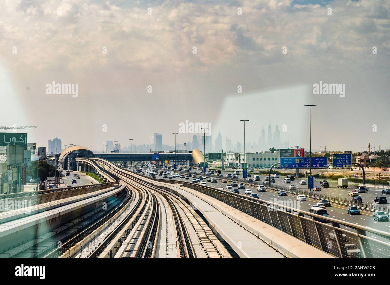 Onboard Dubai Metro front platform view in Dubai United Arab Emirates ...