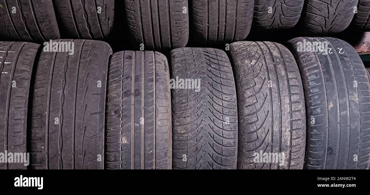 A lot of used out car tires in tire fitting. Stock photo many tires ...