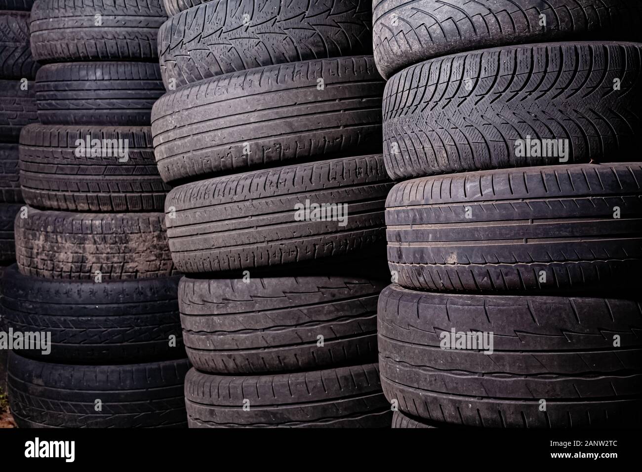 A lot of used out car tires in tire fitting. Stock photo many tires ...