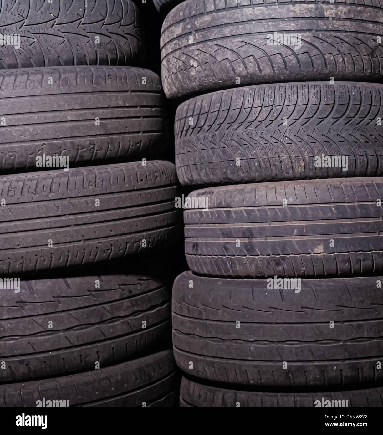 A lot of used out car tires in tire fitting. Stock photo many tires ...