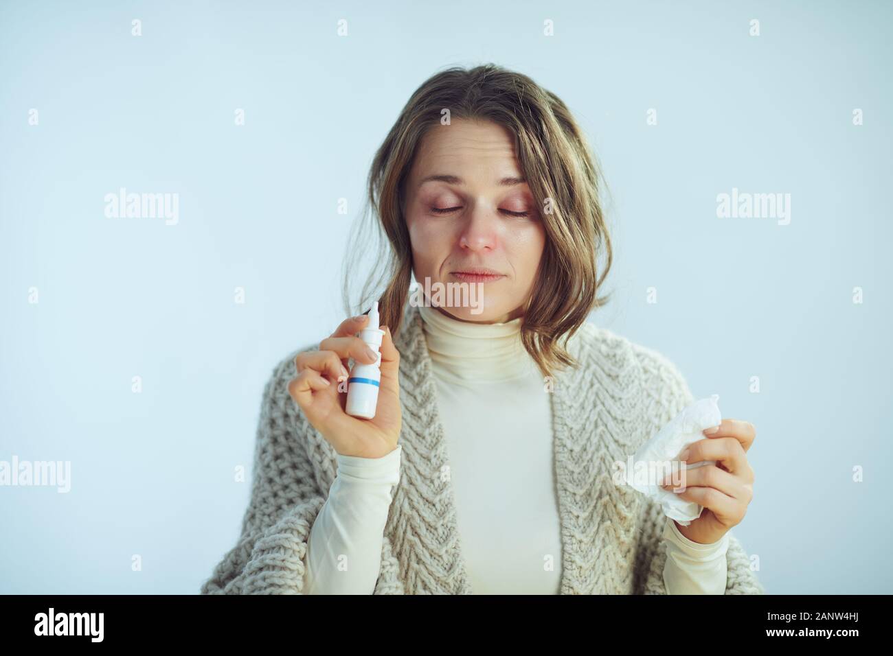 ill modern 40 years old woman in roll neck sweater and cardigan with ...